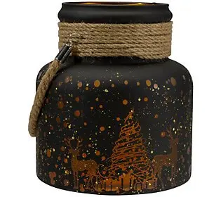 NORTHLIGHT 8' Gold Deer & Pine Trees Glass Cand E Lantern