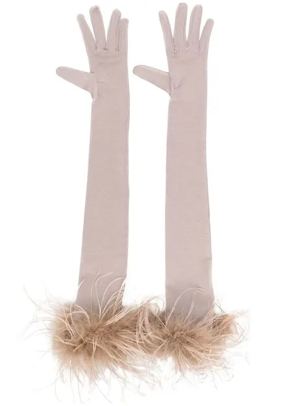 STYLAND Feather-trim Opera Gloves - Neutrals