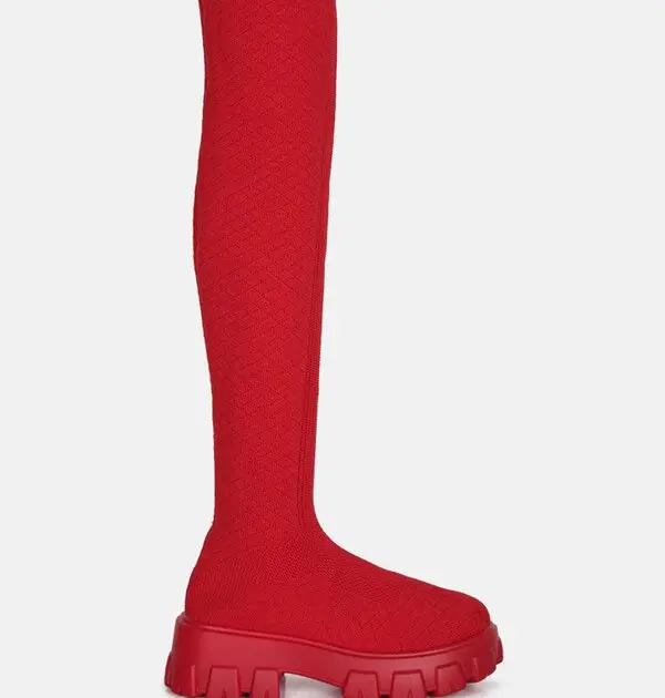LONDON RAG Loro Stretch Knit Knee High Boots - Red | Editorialist