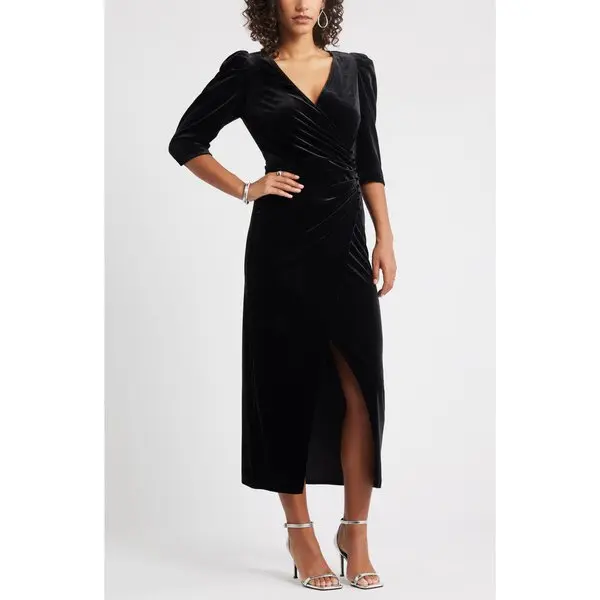 Chelsea28 Faux Wrap Velvet Midi Dress - Black