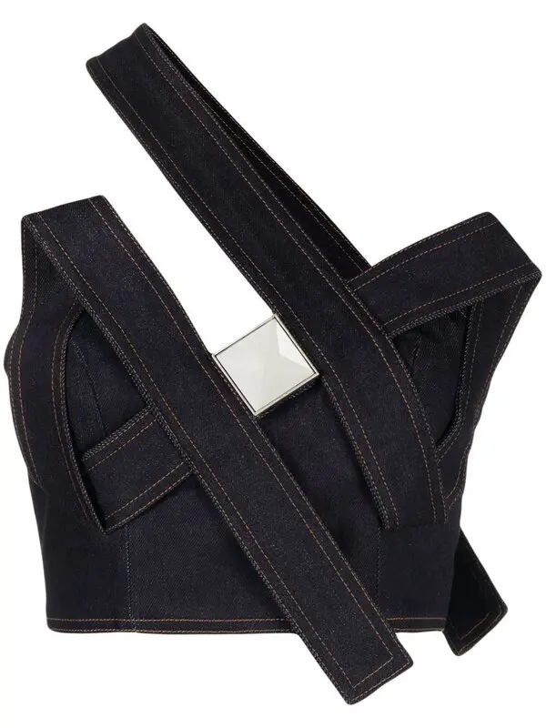 AREA Crystal Pyramid Denim Top