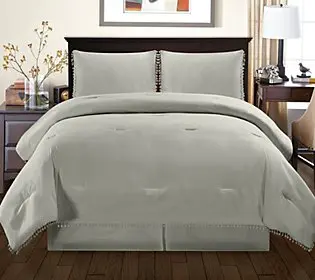 SUPERIOR Pom-pom Fringe Comforter Set, Full/ Qu En