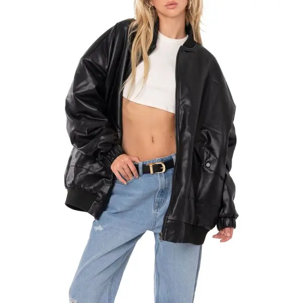 EDIKTED Oversized Faux Leather Bomber Jacket - Black