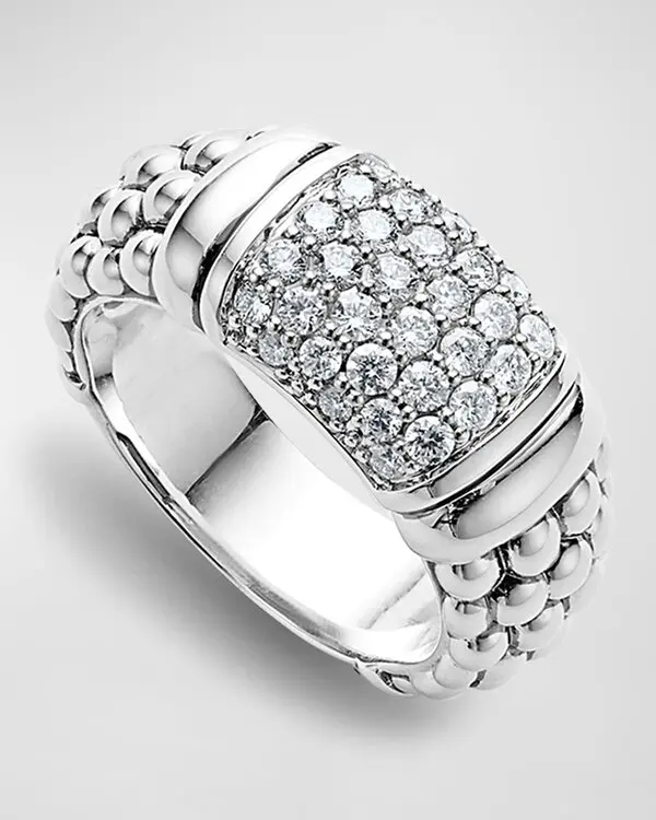 Lagos Pavé Diamond And Sterling Caviar Bead Band Ring - Silver