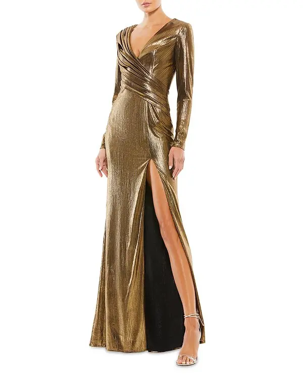 Mac Duggal Metallic Ruched Gown - Gold