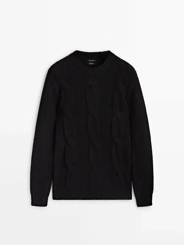 Massimo Dutti Twisted Cableknit Sweater In A Wool Blend Black