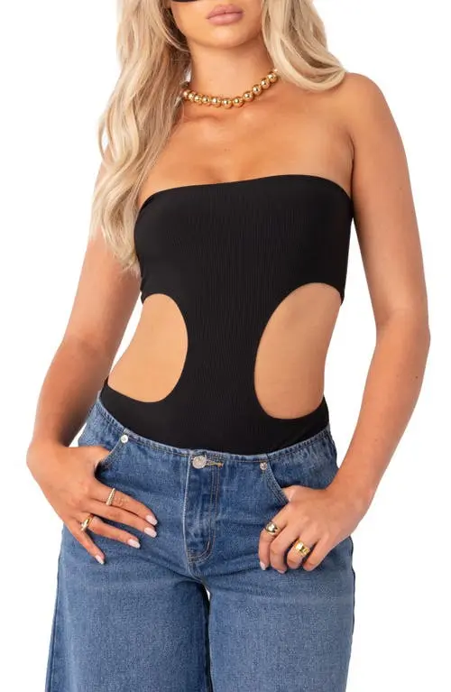 EDIKTED Vivie Cutout Rib Strapless Bodysuit - Black