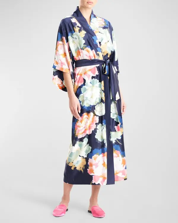 Buy Natori Hanami Long Floral-print Satin Robe - Midnight Navy At 40% ...