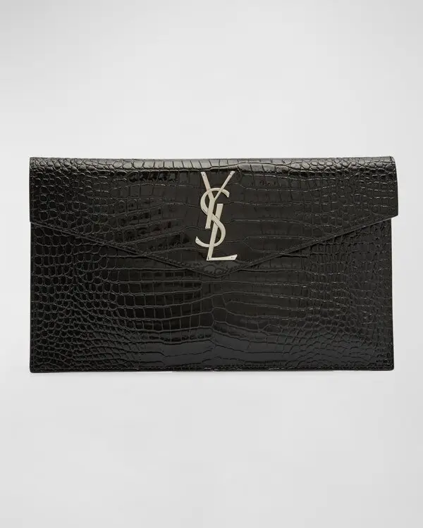 Saint Laurent Uptown Pouch In Croc-embossed Leather - Black