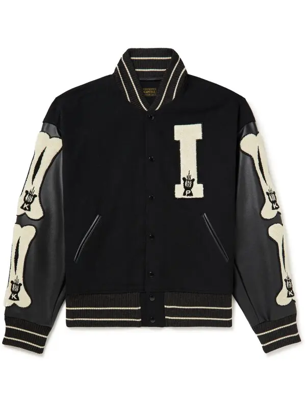 Kapital Faux Leather And Wool-blend Varsity Jacket - Black