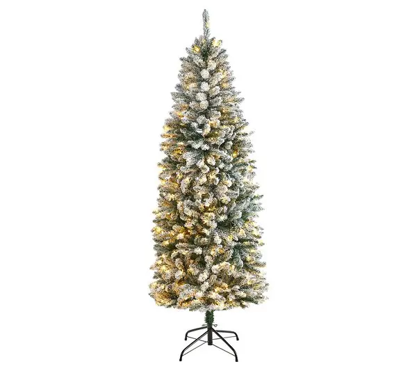NEARLY NATURAL 6' Slim Flocked Christmas Tree W 250 Led Lights