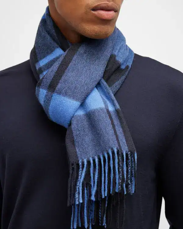 Neiman Marcus Cashmere Exploded Plaid Scarf In Navy 25% Off