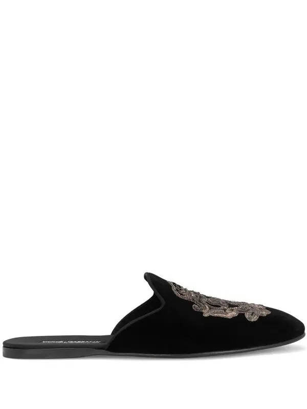 Dolce & Gabbana Embroidered Velvet Slippers - Black