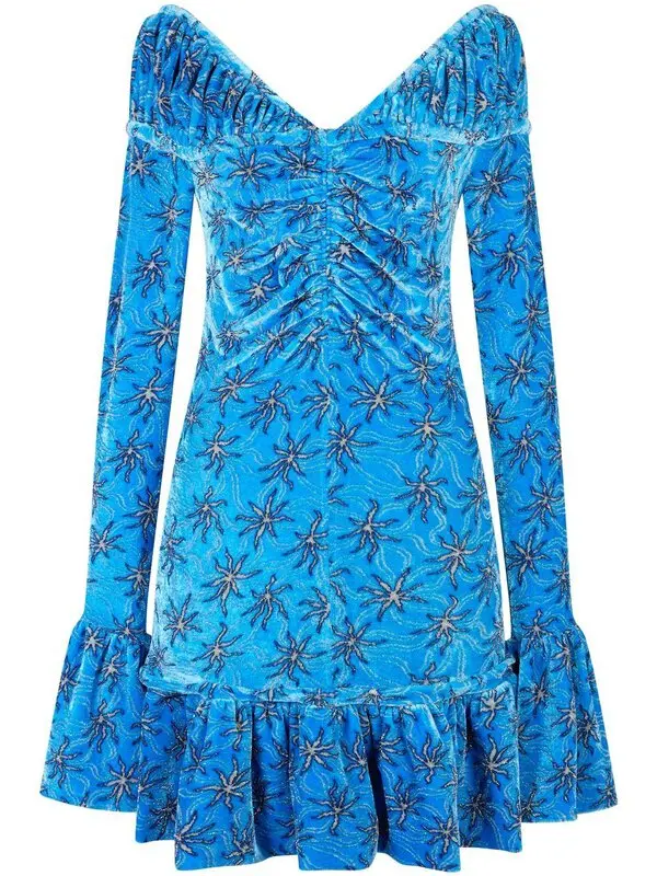 Rabanne Floral-print Flared Velvet Minidress - Blue