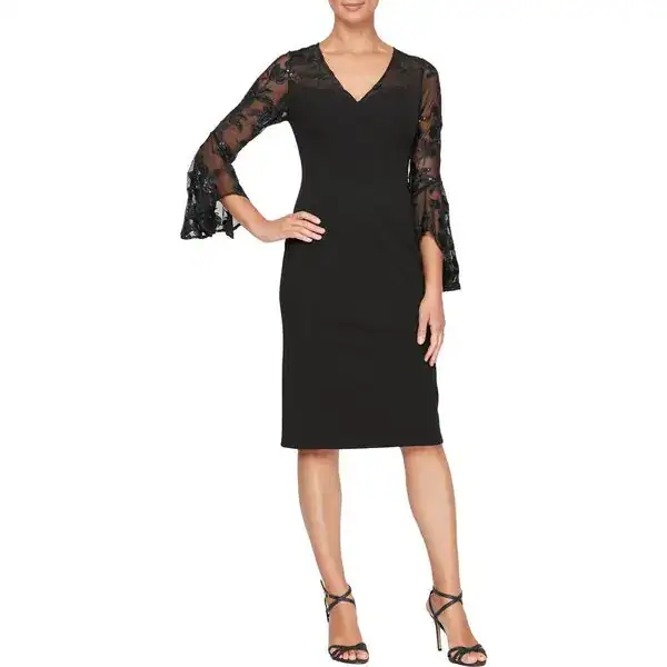 Alex Evenings Embroidered Illusion Bell Sleeve Sheath Dress In