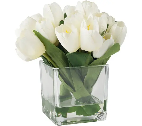 PURE GARDEN Cream Tulip Floral Arrangement With Glass Vase Y