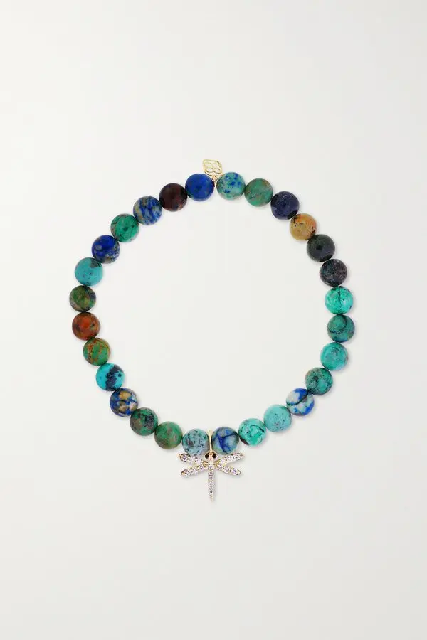 SYDNEY EVAN Dragonfly 14-karat Gold, Chrysocolla And Diamond Charm Bracelet