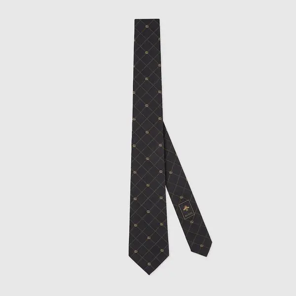 Gucci Double G And Check Silk Jacquard Neck Tie - Grey