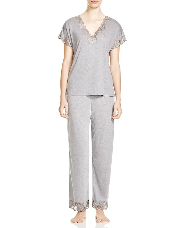 Natori Zen Floral Lace-trim Short Sleeve Pajama Set - Heather Gray