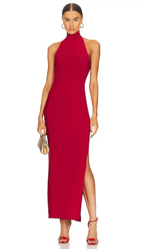Norma Kamali Halter Turtleneck Side Slit Gown - Red