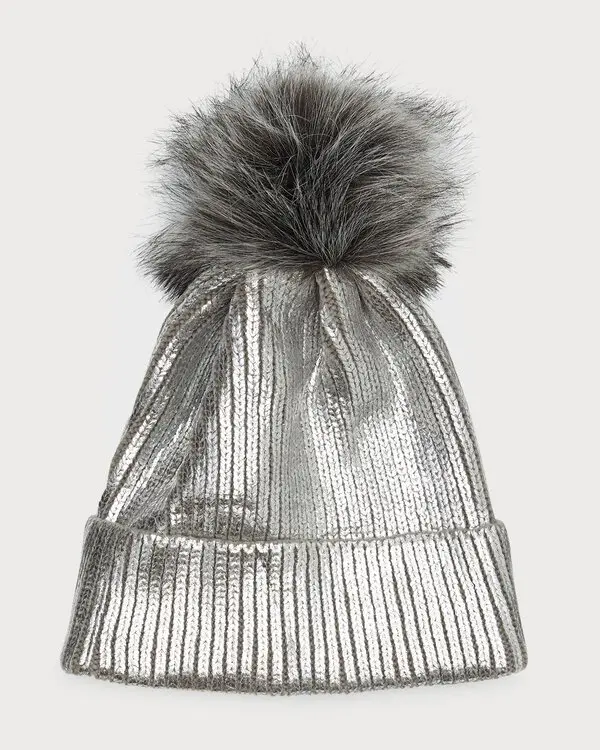 Adrienne Landau Metallic Beanie With Faux Fur Pom - Black