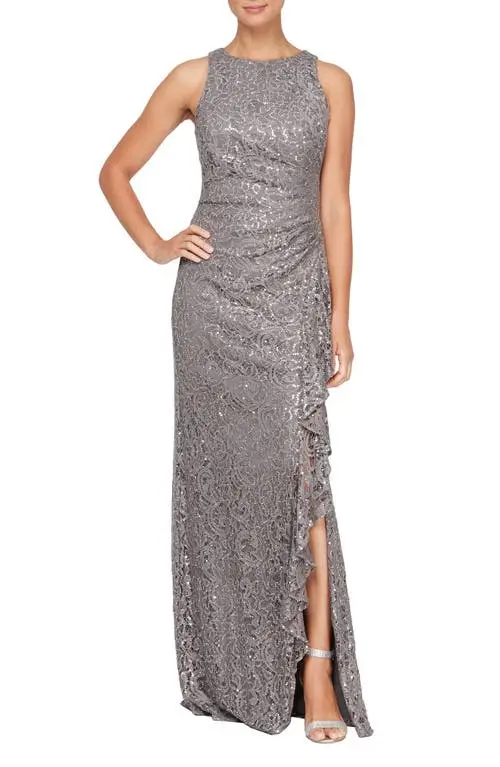 Alex Evenings Sequin Ruched Ruffle A-line Gown - Charcoal