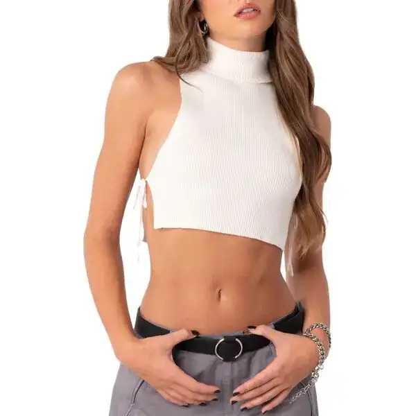 EDIKTED Sleeveless Ribbed Turtleneck Crop Top White Editorialist