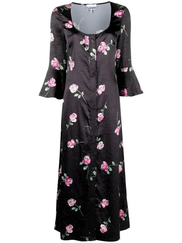 GANNI Floral-print Crinkled Midi Dress