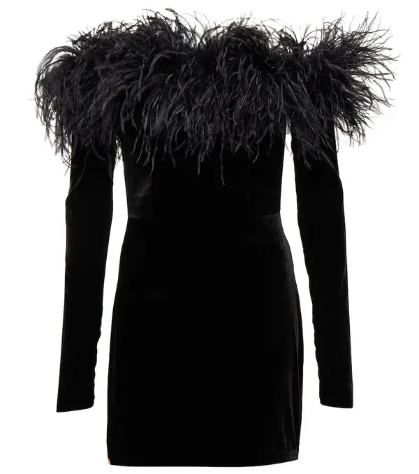 Alessandra Rich Feather-trimmed Velvet Minidress