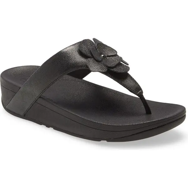 Buy Fitflop Lottie Crystal Flower Wedge Flip Flop - All Black Leather ...