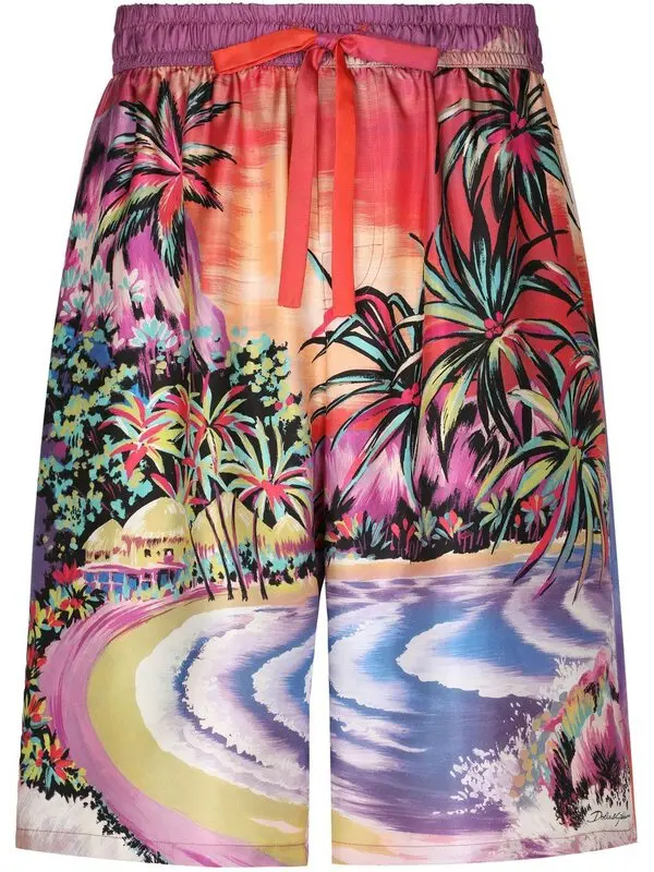 Dolce & Gabbana Island-print Silk Shorts - Red