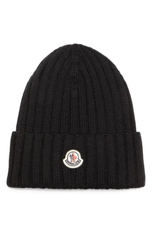 Moncler Virgin Wool Ribbed Beanie - Black