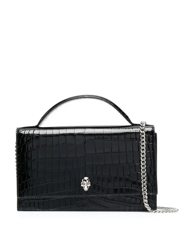 Alexander McQueen Crocodile-effect Patent Leather Shoulder Bag - Black
