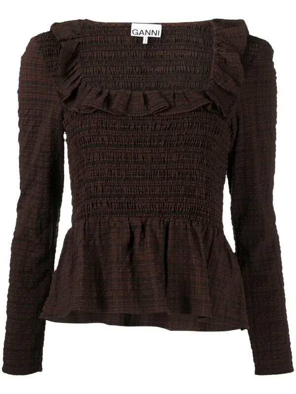 GANNI Smocked Seersucker Blouse