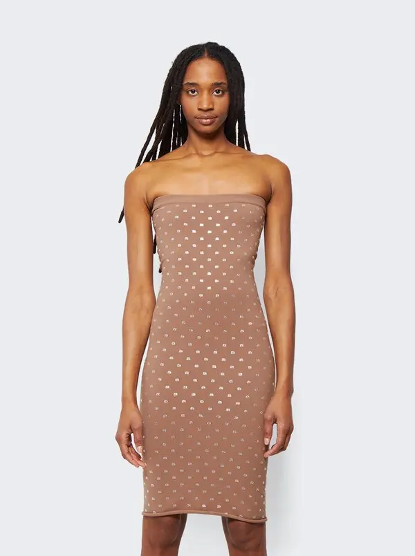 beige strapless midi dress Beige Strapless 3D Floral Embellished Dress main image 1