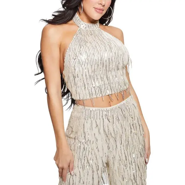 Guess Mia Sequin Fringe Halter Crop Top