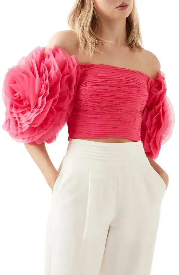 Buy Aje Amour Off The Shoulder Ruffle Sleeve Top - Berry Pink At 40% ...