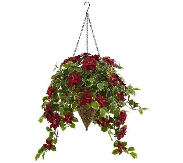 NEARLY NATURAL 3.5' Poinsettia And Variegated Holly In Hangin G Basket