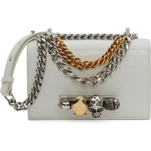 Alexander McQueen Mini Jeweled Croc Embossed Leather Satchel - 9210 Soft Ivory