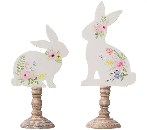 GLITZHOME Easter Bunnies Sitting On Faux Candle Sticks S/2