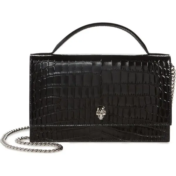 Alexander McQueen Medium Skull Croc Embossed Leather Top Handle Bag - 1000 Black
