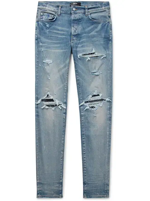 Amiri Mx1 Skinny-Fit Paneled Distressed Jeans In Blue 30% Off