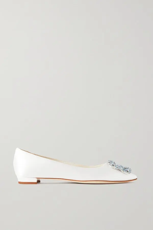 Manolo Blahnik Hangisiflat Crystal-embellished Point-toe Flats - White