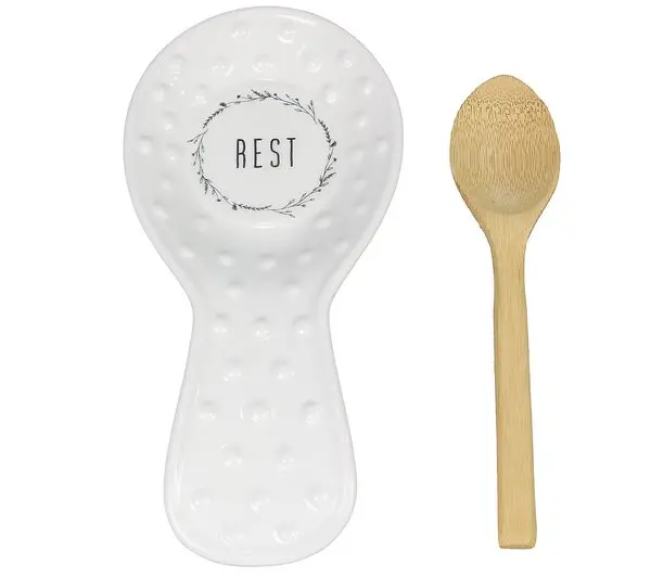 YOUNG'S INC. Cottage Core Ceramic Spoon Rest Wi Th Bamboo Spoon