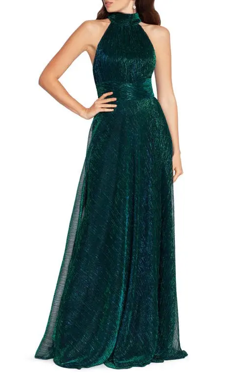 Betsy & Adam Metallic Halter Neck Gown - Jade