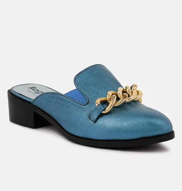 RAG & CO Aksa Chain Embellished Metallic Leather Mules - Blue ...