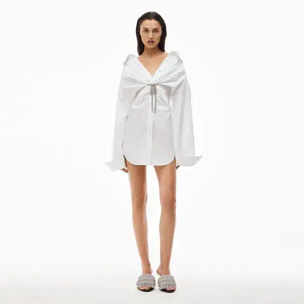 Alexander Wang Crystal Tie Twist Dress In Cotton Poplin White