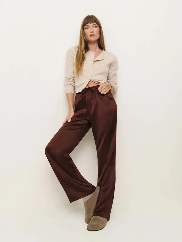 REFORMATION Petites Olina Silk Pant - Mahogany