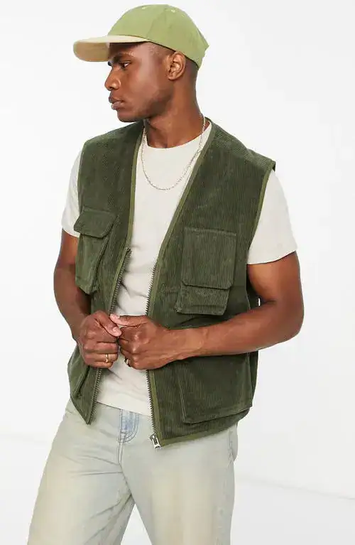 Topman Corduroy Utility Vest Khaki Editorialist