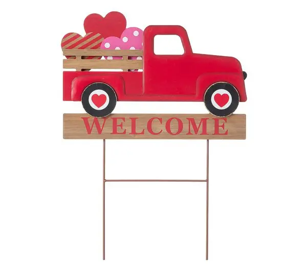 GLITZHOME 24' Welcome Valentine's Red Truck Yar D Stake